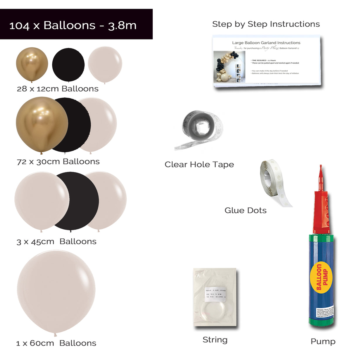 Balloon Garland Arch DIY Kit - Large -104 Pieces 3.8m - Black, Gold & – Party Plaza - Event Supplies